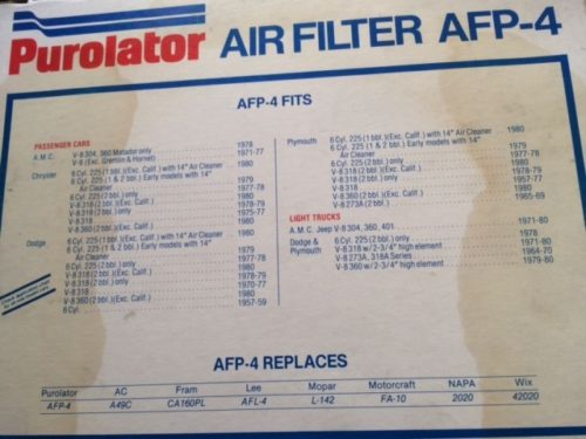 Luftfilter Purolator Air Filter AFP-4 / Motorvator MPA-8 AMC V8 ...